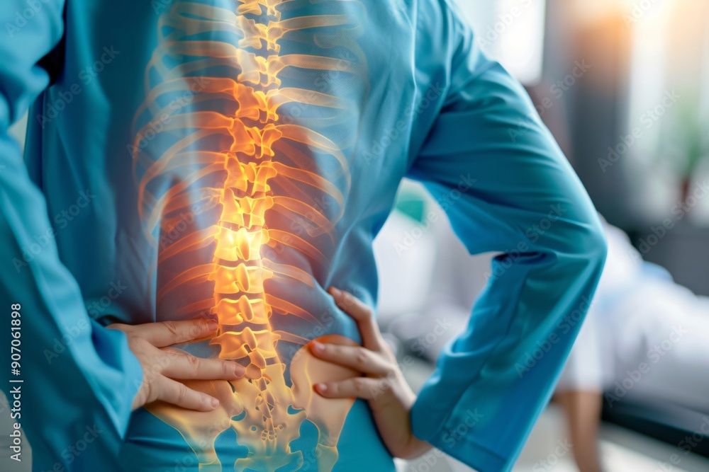 Medical professional suffering from back pain, with an x-ray ...