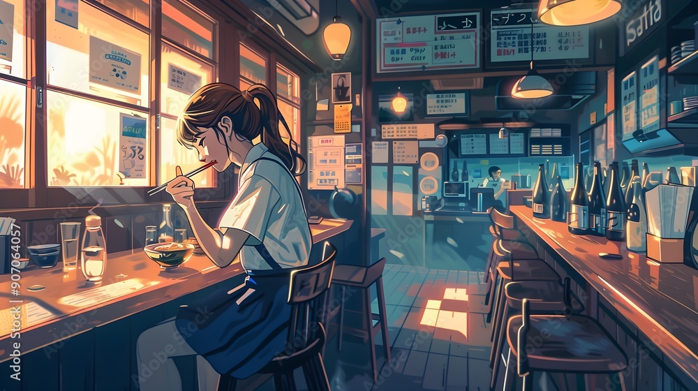 Anime Girl Eating Ramen in a Japanese Restaurant Stock Illustration ...