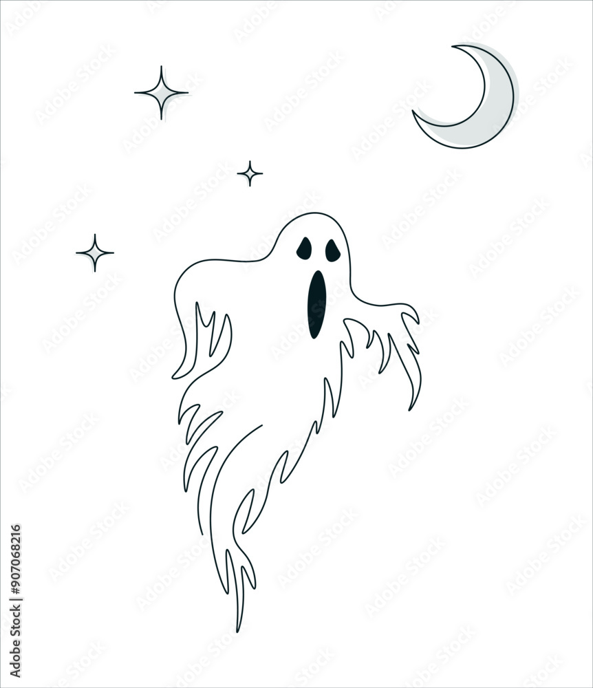 Vetor de One line art continuous. Ghost single line. Creepy flying ...