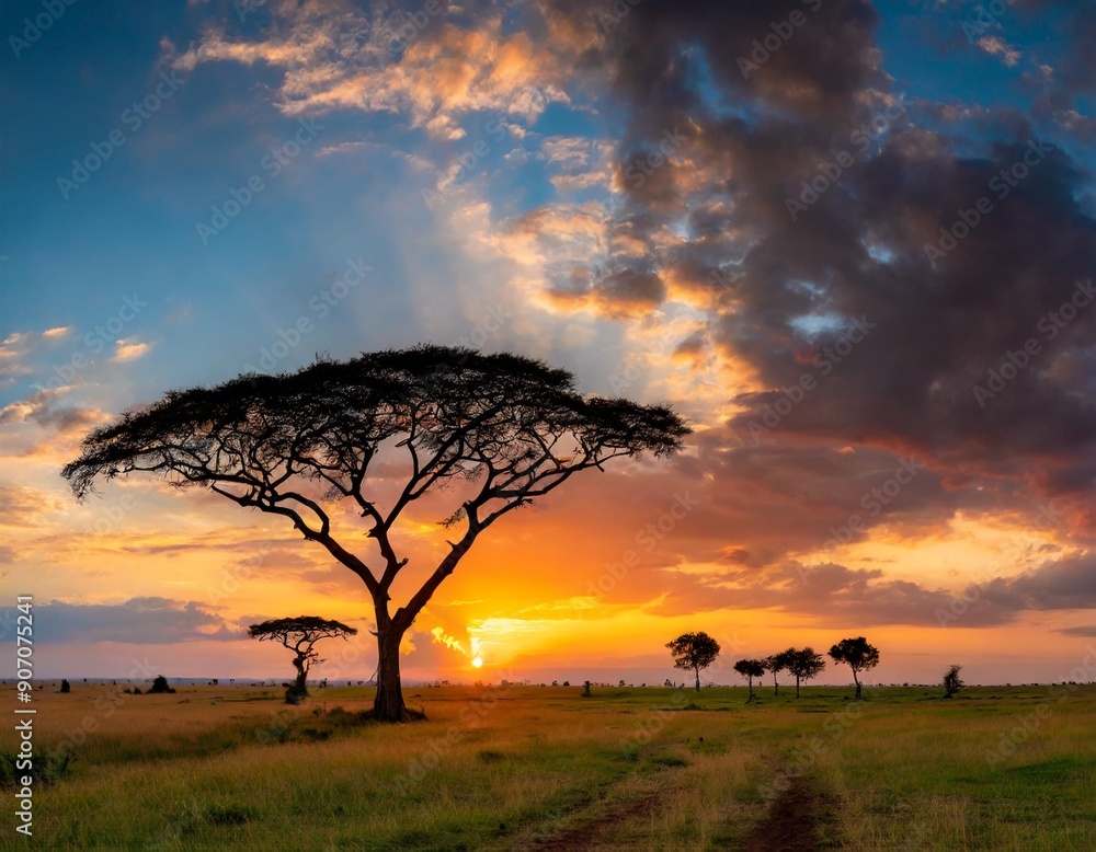 Panorama silhouette tree in africa with sunset.Tree silhouetted against ...