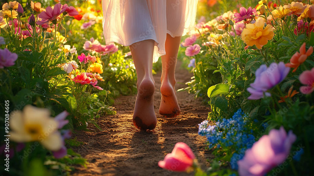 woman's bare feet walking on a dirt path in a natural setting ...