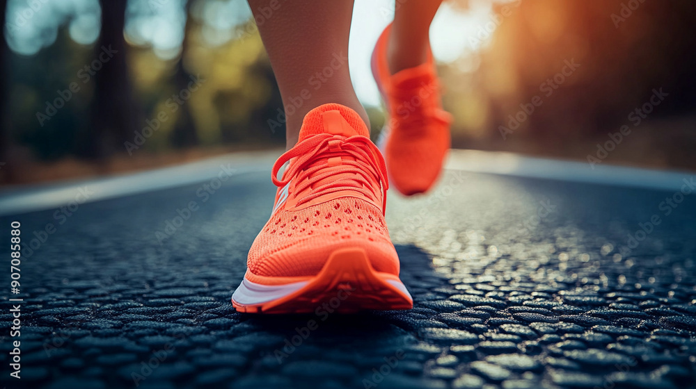 woman's feet running on a treadmill, symbolizing fitness, determination ...