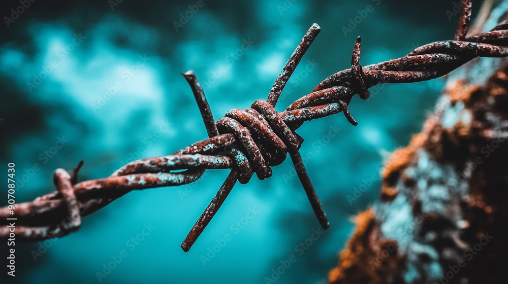 barbed wire along a fence, symbolizing restriction, security, and ...