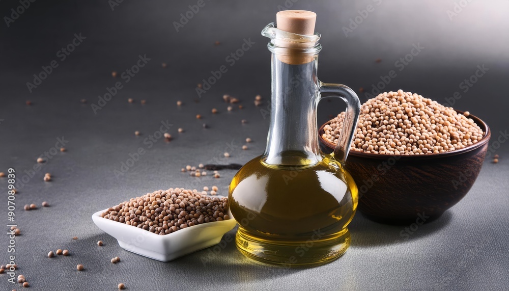 Mustard oil in a glass jar with mustard seeds and grains beside it ...