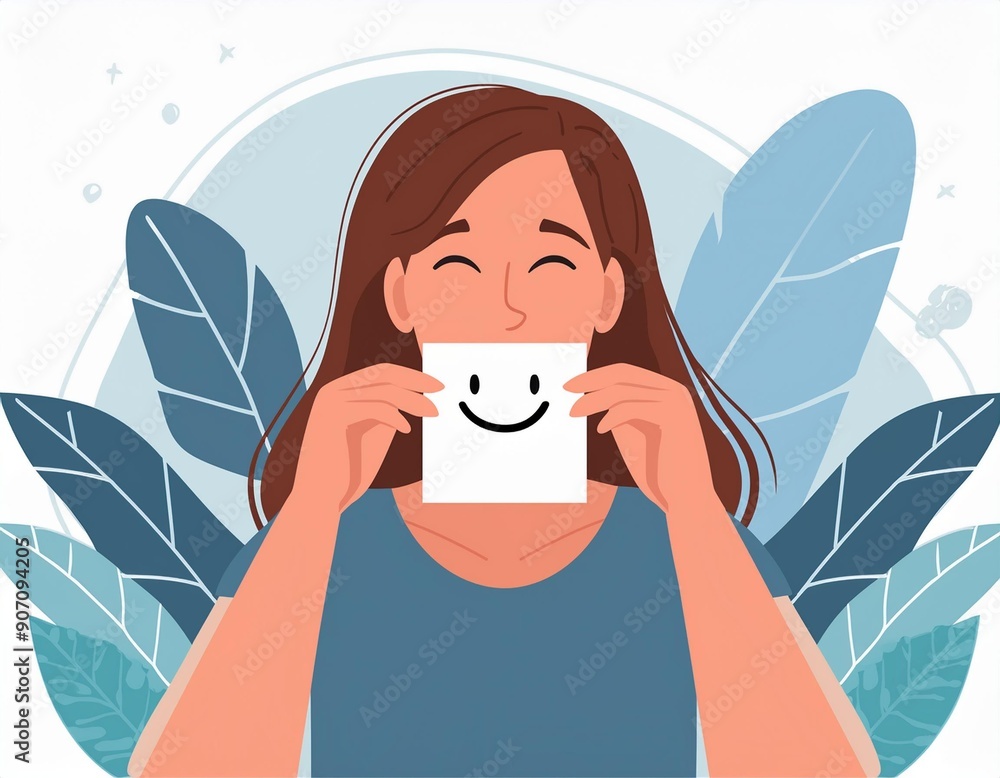 Young happy female writing smile on paper and placing on her mouth ...