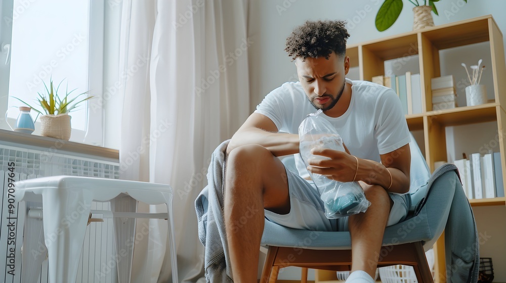Portrait of a young man applying cold compress to leg sitting on chair ...