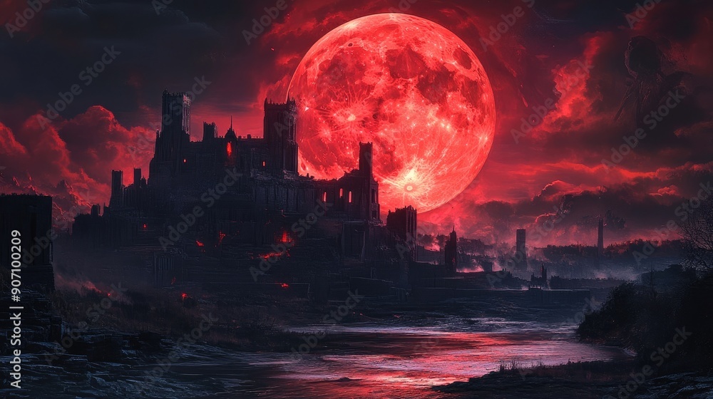 A fully realistic 4K image of a red moon above a historic castle or ...