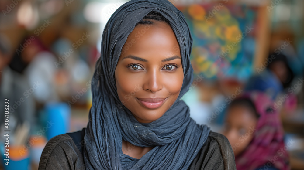 Muslim woman in hijab smiling confidently in diverse community setting ...