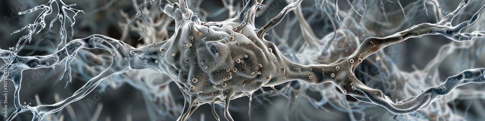 Microscopic view of a senile brain tissue sample stained using a silver method revealing a ...