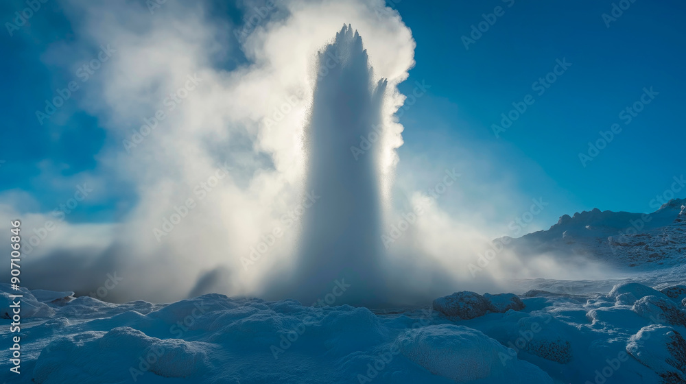 Geyser erupting, shooting a powerful fountain of water and steam ...