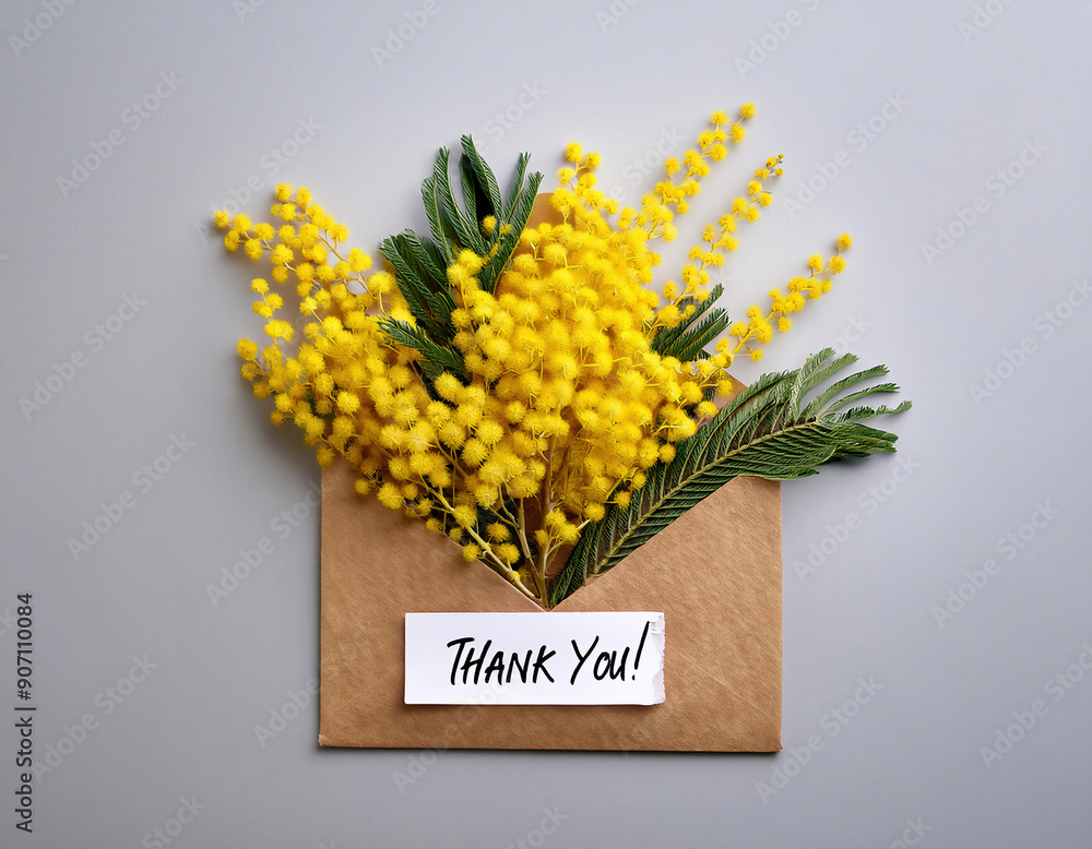 Bouquet of mimosa flowers in a craft envelope with thank you note on ...