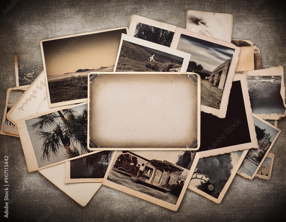 Empty photo paper with vintage photo collage on retro texture and ...