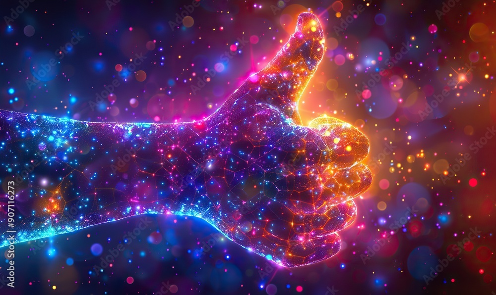 A vibrant, iridescent thumbs-up icon, representing social media ...