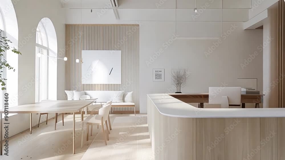 A sleek reception area featuring wooden elements and ample sunlight ...