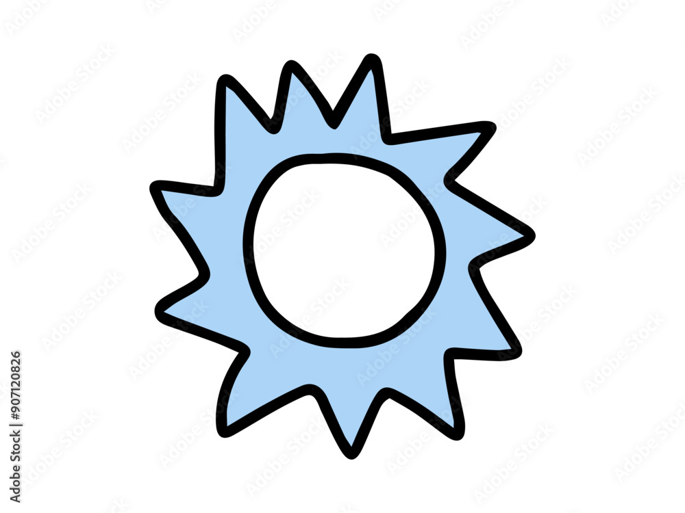 Simple hand drawn illustration of a sun with spiky rays in blue, drawn ...