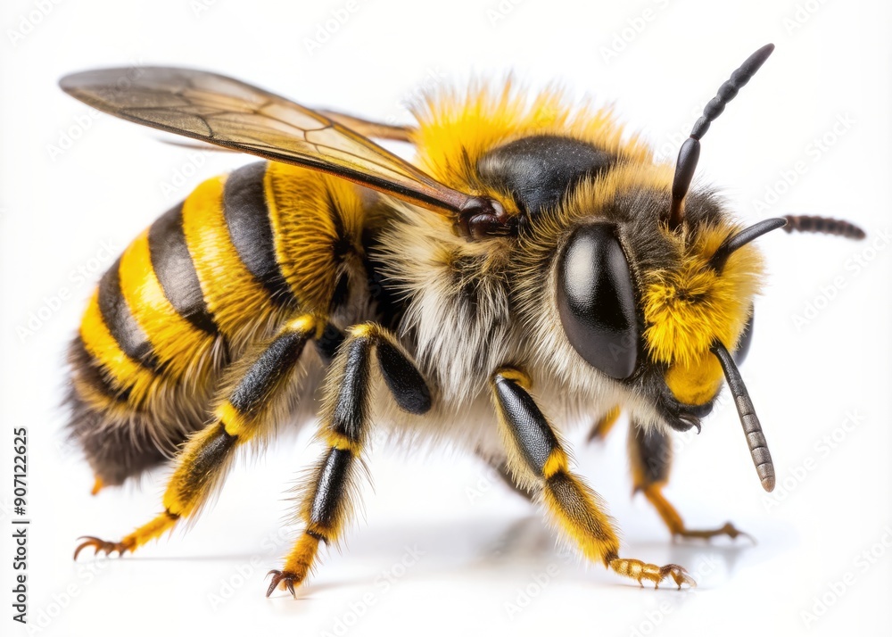 Menacing solitary bee with yellow and black stripes, fuzzy hair, and ...