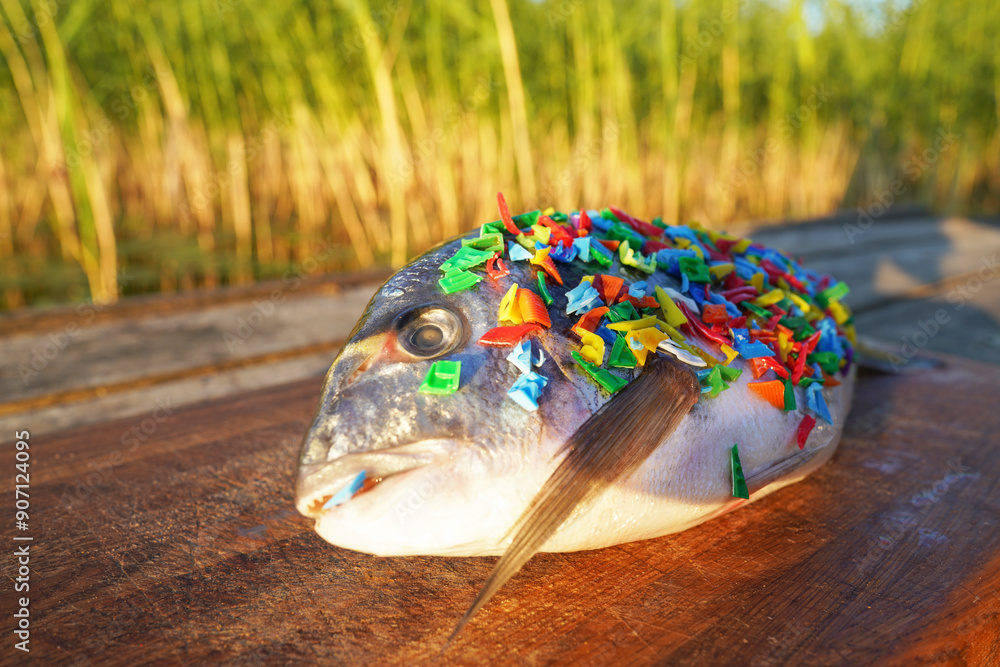 Foto de Microplastics in Fish. Dead fish in sea, eats plastic waste ...