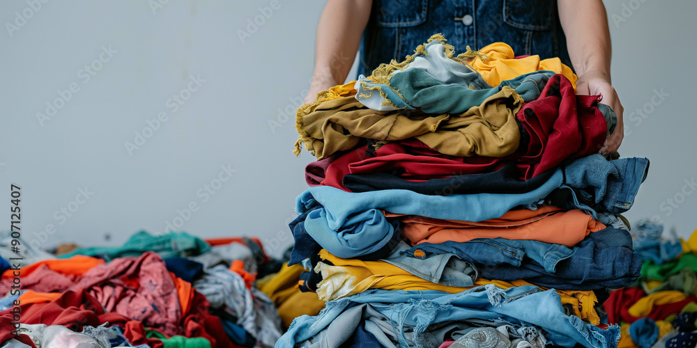 Pile of colorful used clothes for recycling, sustainable fashion, textile waste, secondhand ...