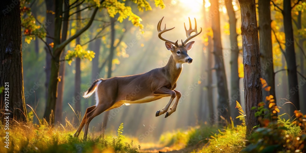 Majestic whitetail deer buck in mid-leap, antlers bobbing, powerful ...