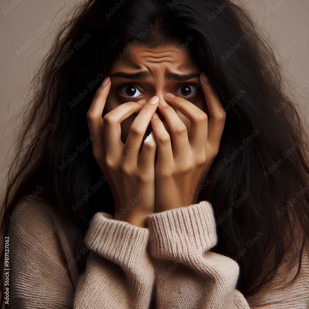 Fearful indian woman covering face with palms, worried about troubling ...