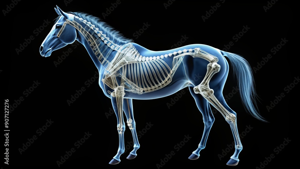 Detailed X-ray image of a horse's skeletal system, showcasing the ...