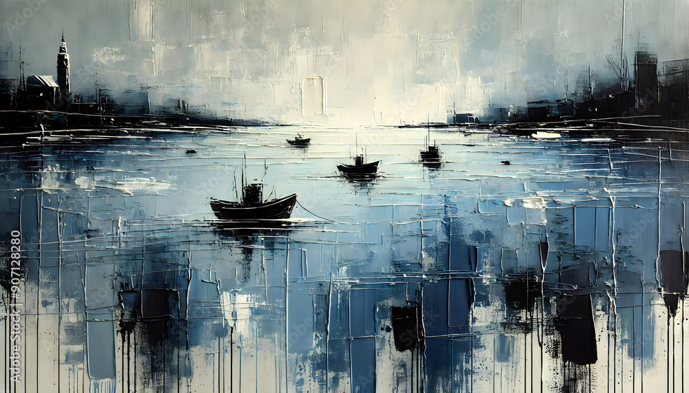 Abstract Harbor Scene with Boats, oil painting to hang on the wall, oil ...