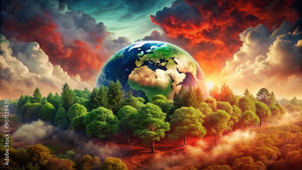 Glowing red Earth surrounded by lush green trees and eerie clouds ...