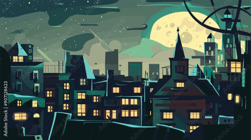Moonlit night cityscape, stars twinkle, full moon over urban skyline ...