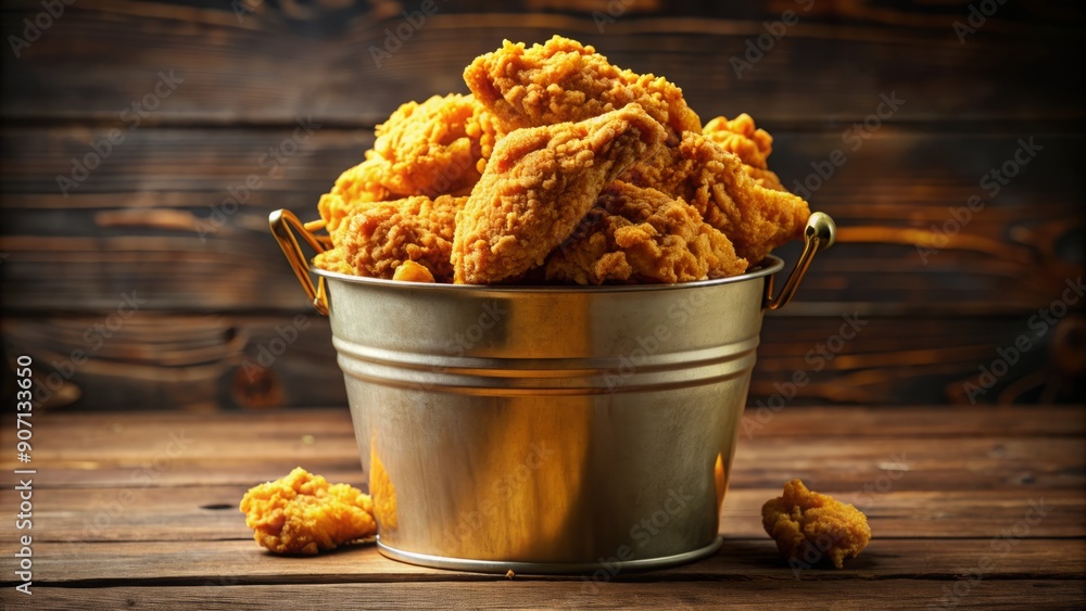 Golden bucket with finger-lickin' good fried chicken and secret recipe ...