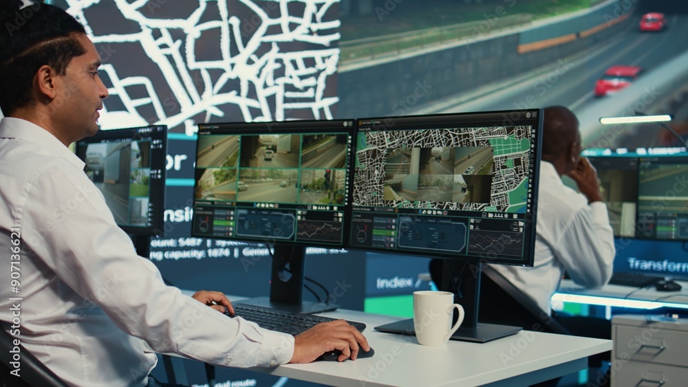 Team of employees monitoring delivery trucks with gps coordinates on ...