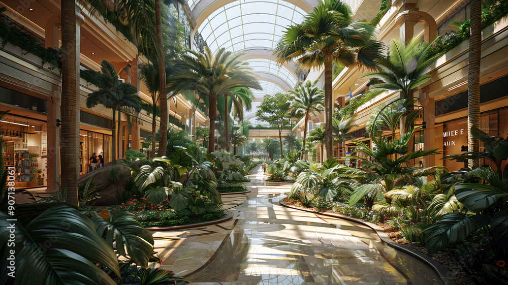 Eco-friendly shopping center with green plants and natural light, Open ...
