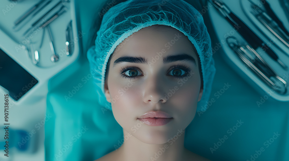 Woman lying on an operating table, preparing for surgery, surrounded by ...