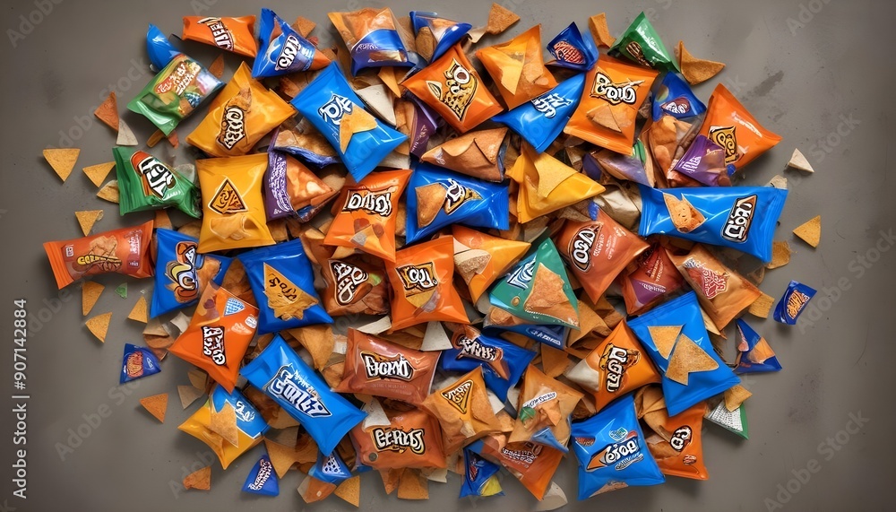 A collection of various empty snack chip bags scattered on a gray ...