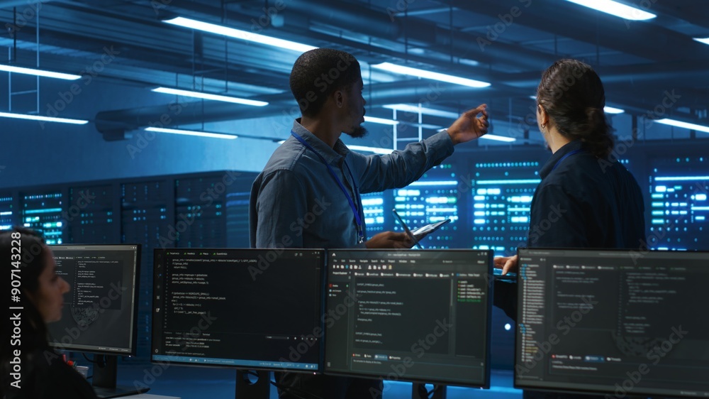 Multiracial team of technicians working in high tech server hub capable of storing vast amounts ...