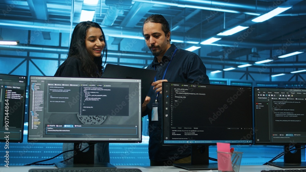 Engineers working in high tech server hub capable of processing and storing vast amounts of data ...