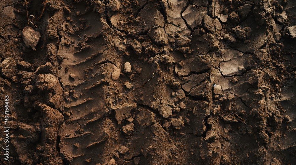 tire track imprints from motocross on dusty soil, overhead shot, flat ...