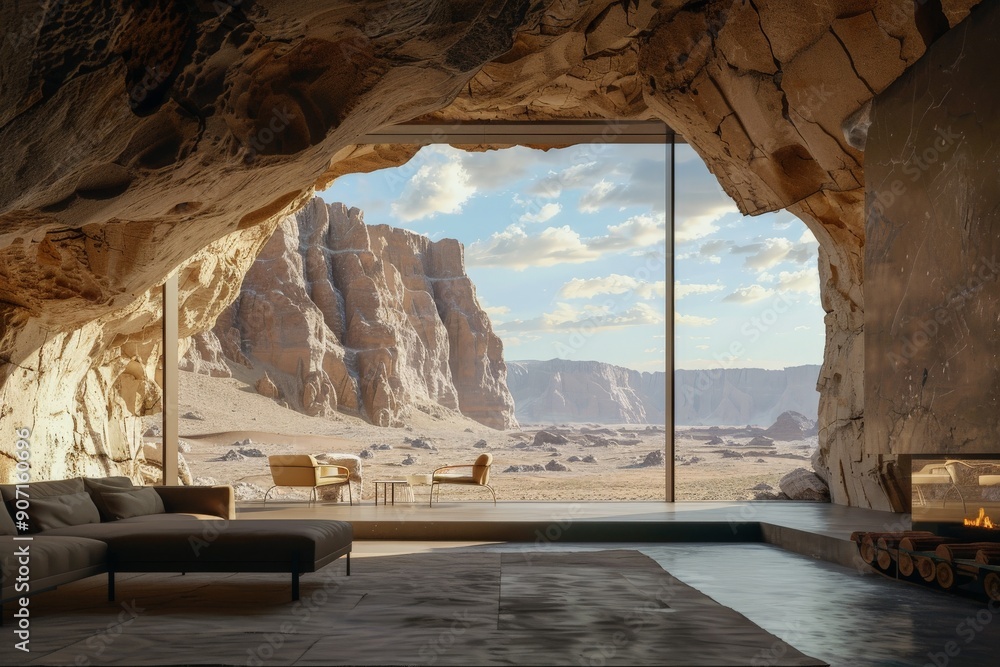 This image showcases a luxurious modern living room built within a cave ...