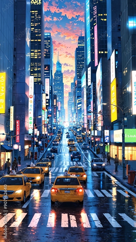 bustling city street with taxis background vertical backdrop ...