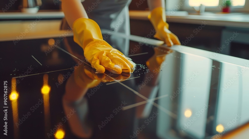 Housewife cleaning electric cooker on black kitchen surface with rubber ...