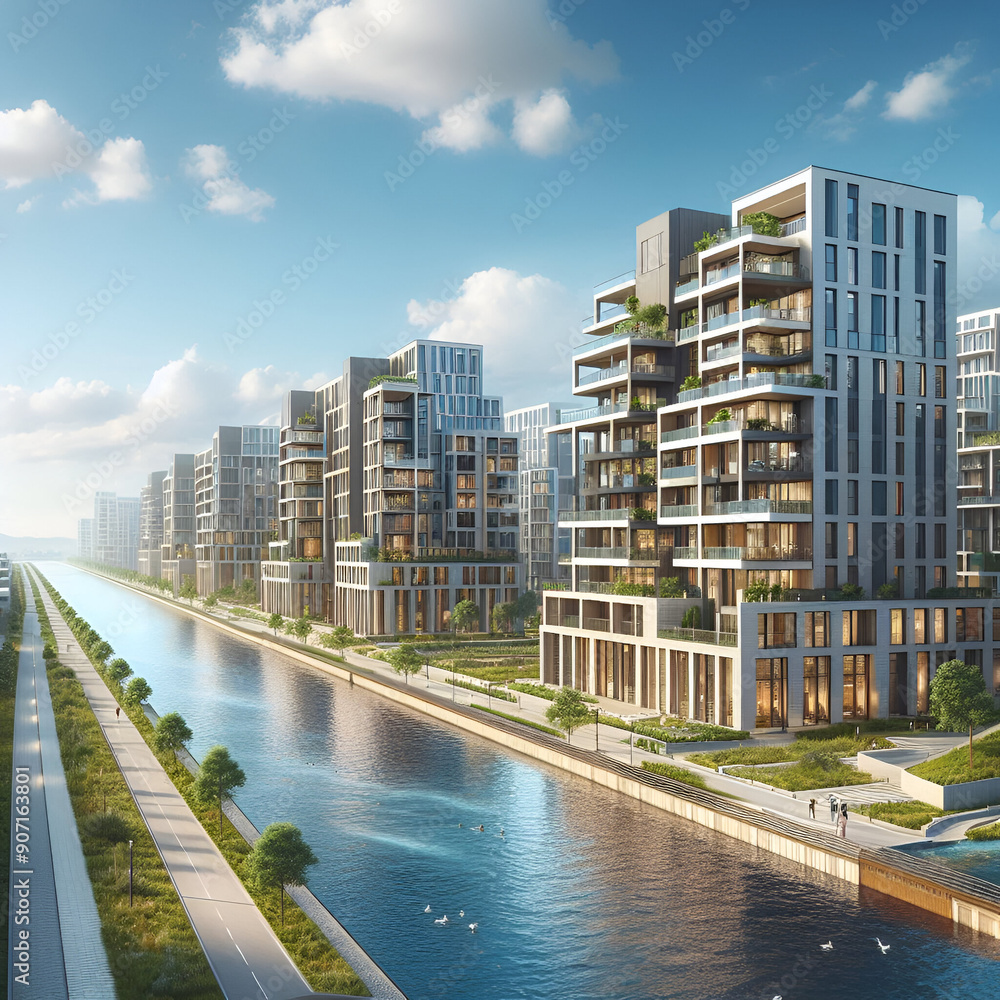 The view is of contemporary residential structures beside a river that ...