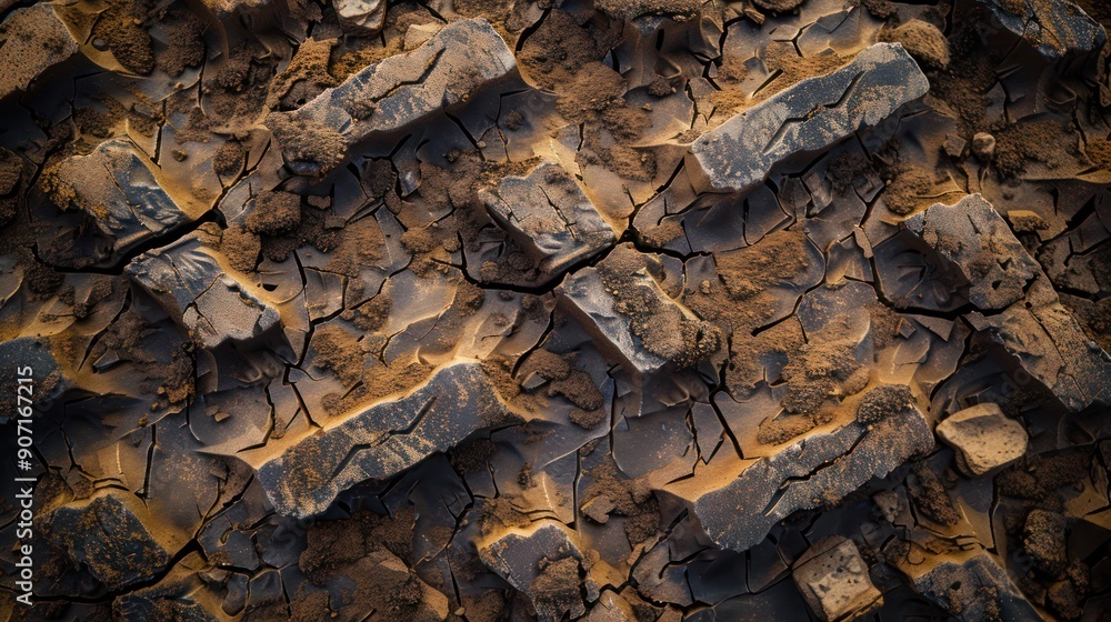 tire track imprints from motocross on dusty soil, overhead shot, flat ...