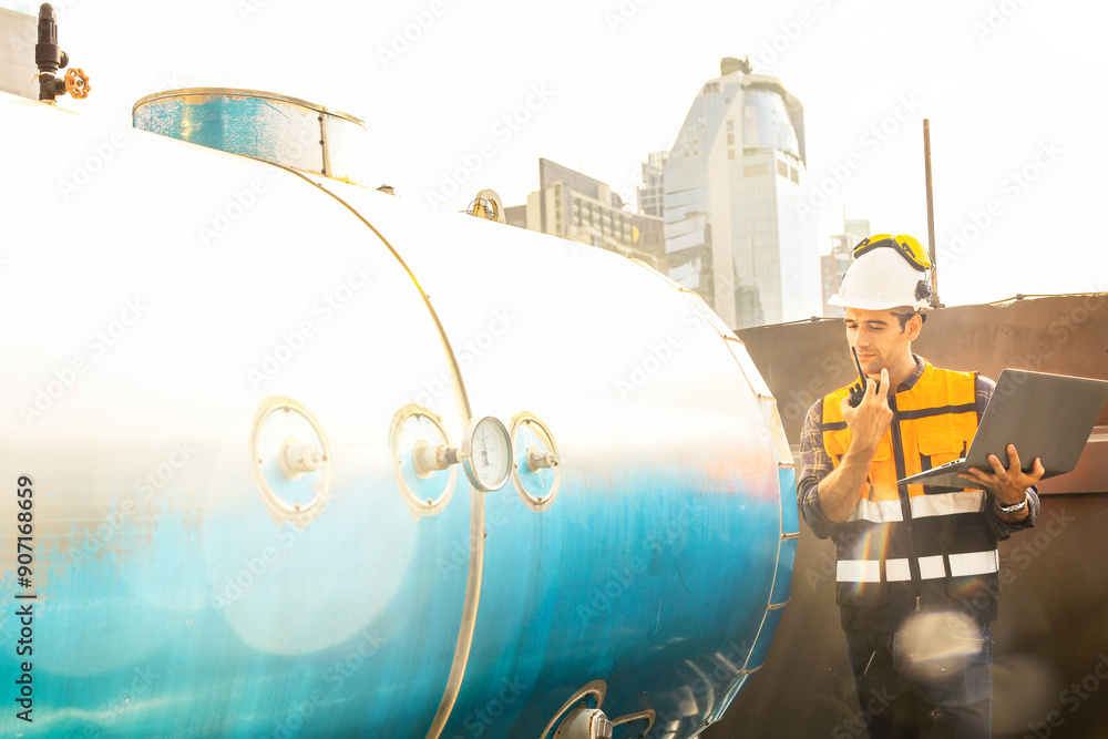 Male HAVC refrigeration system technician holds laptop recording ...