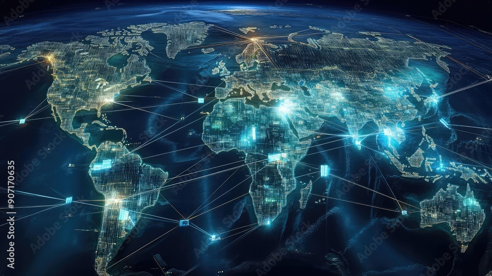 World map with digital trading lines, network world, international ...