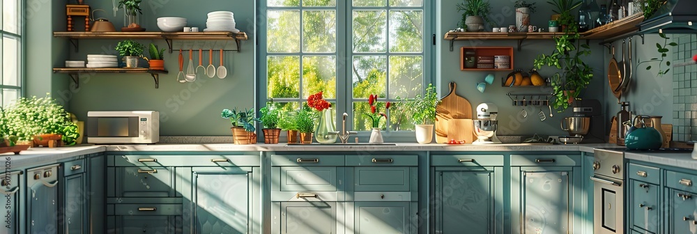 Green Kitchen with Wooden Shelves and Sunlight Illustration ilustração ...