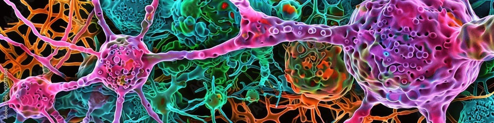 Neuron cell body in false color transmission electron microscope TEM ...