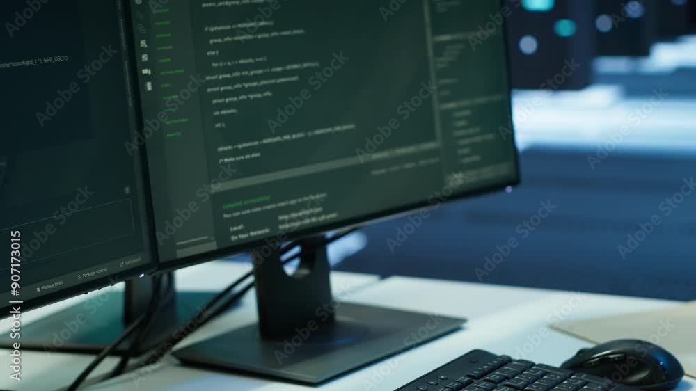 Close up of computer peripherals used by engineers coding in modern data center, monitoring ...