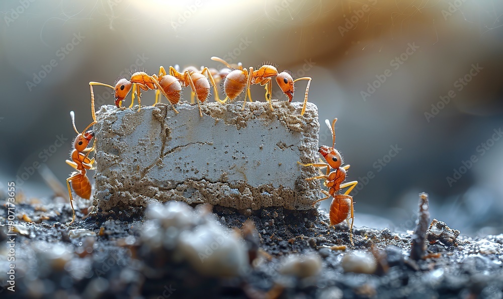 Ants are working together to lift a cement brick at a construction site ...