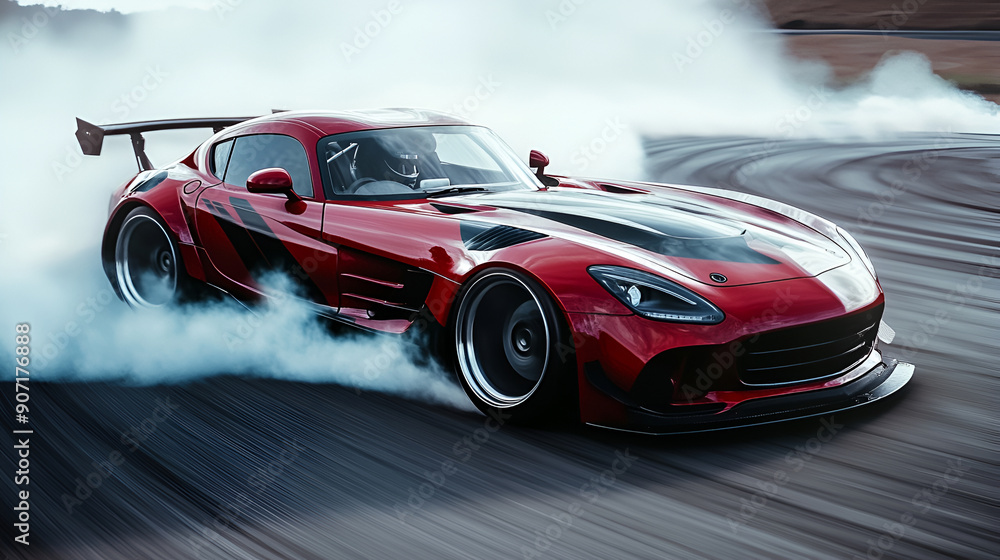 Red sports car drifting with powerful smoke trails on a curvy track ...