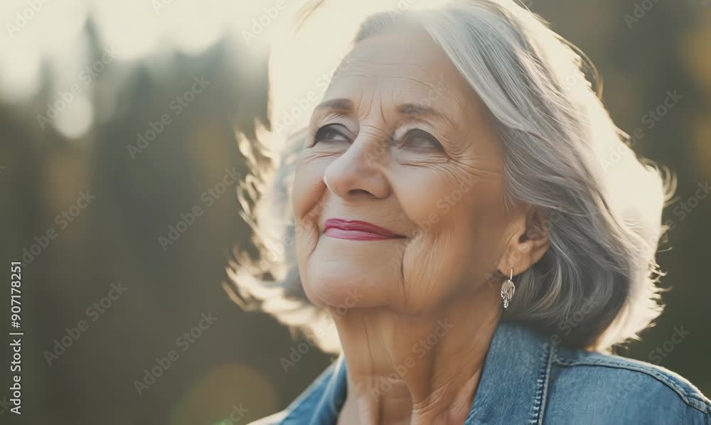 Portrait of a beautiful middle-aged woman with gray hair in a denim ...