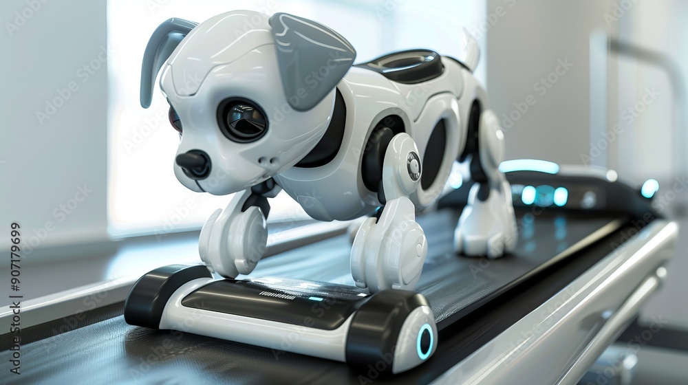 Electronic interactive toy dog puppy with a bone in mouth stands in ...